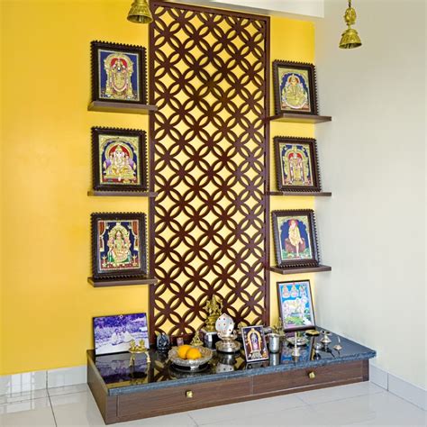 Floor Mounted Mandir Unit With CNC Cut Wooden Panel And Yellow Accent