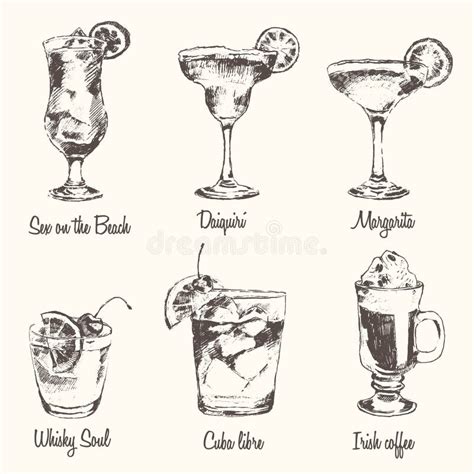 Set Cocktail Margarita Whiskey Drawn Sketch Vector Stock Vector Illustration Of Irish Alcohol