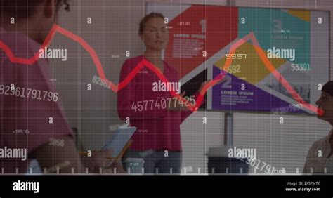 Image Of Changing Numbers And Red Graph Over Biracial Woman Giving A Presentation At Office