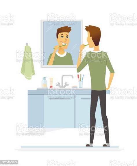 그의 이빨만화 사람들을 솔 질 하는 젊은 남자 캐릭터 고립 된 그림 가정 생활에 대한 스톡 벡터 아트 및 기타 이미지 가정