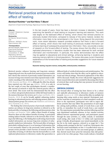 Pdf Retrieval Practice Enhances New Learning The Forward Effect Of Testing