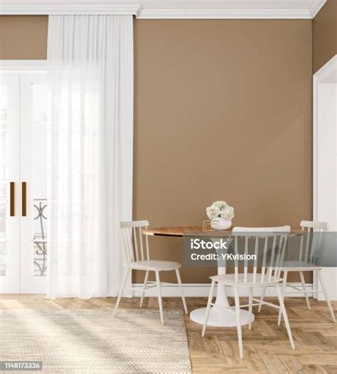 저녁 식사 테이블 의 자 커튼 나무 바닥 및 꽃이 있는 클래식 베이 지 빈 인테리어 룸입니다 3d 렌더링 그림입니다 실내에 대한