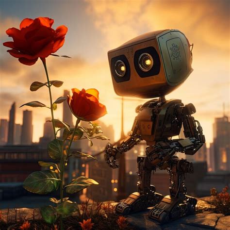 Premium Photo Lonely Robot Standing Near A Rose On The Rooftop Of A
