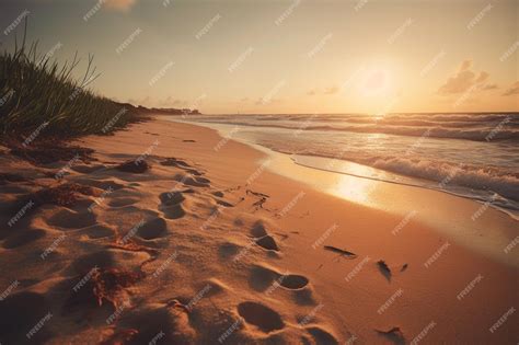 Premium Ai Image A Beach At Sunset With The Sun Setting Over The Water