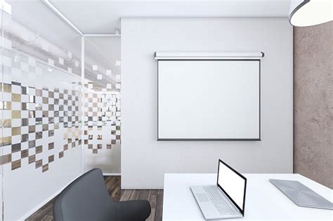 복사 공간을 위해 벽에 프로젝션 스크린이 있는 현대적인 회의실 내부 사무실에 대한 스톡 사진 및 기타 이미지 사무실 벽 담 경계 Istock