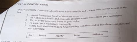 Test 1 Identification Box Instruction Direction Identification Read