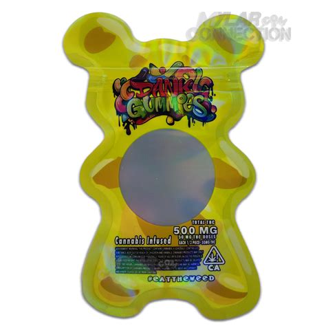 Dank Gummies Bear Shaped Yellow Empty Edibles Die Cut Mylar Bag Packag