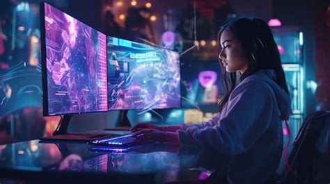 Premium Ai Image Young Asian Girl Futuristic Gamer And Streamer Glowing Background Wallpaper