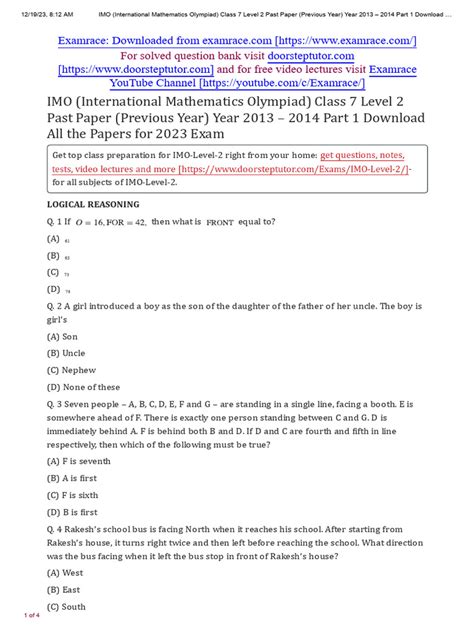 Imo Level 2 Class 7 Paper 2013 2014 Part 1 Pdf Mathematics
