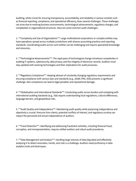 Auditing Challenges Pdf Audit Regulatory Compliance