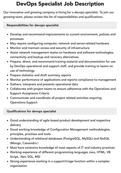 Devops Specialist Job Description Velvet Jobs
