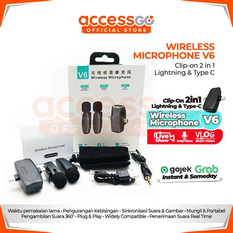 Jual Clip On Wireless Microphone V6 Dual Plug 2 In 1 Ios Lightning