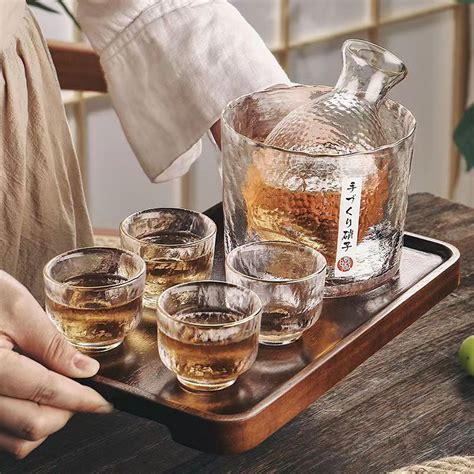 Glass Sake Set Japanese Whisky Bottle And Cups Sake Oni