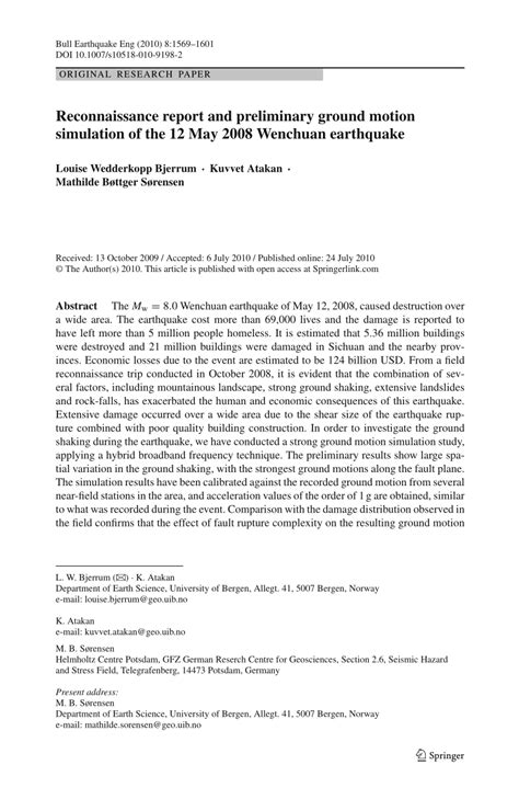 Pdf Reconnaissance Report And Preliminary Ground Motion Simulation Of The 12 May 2008 Wenchuan