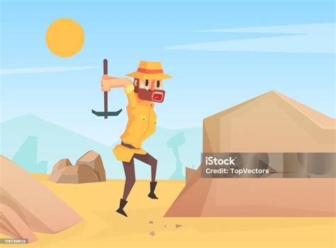 고고학 연구 만화 벡터 일러스트레이션 중 곡괭이 과학자 캐릭터와 함께 발굴 작업을 하는 남자 고고학자 과학자 캐릭터 검색에 대한 스톡 벡터 아트 및 기타 이미지 Istock
