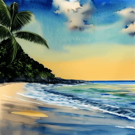 Watercolor Painting Of Beach Landscape With Clear Ocean · Creative Fabrica