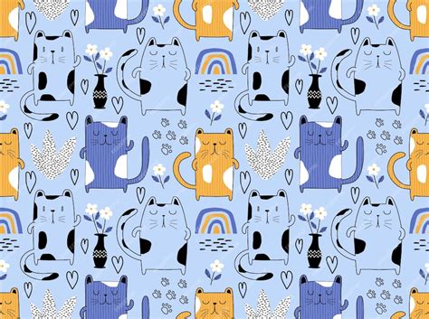 Premium Vector Cute Cat Seamless Pattern Vector Illustration