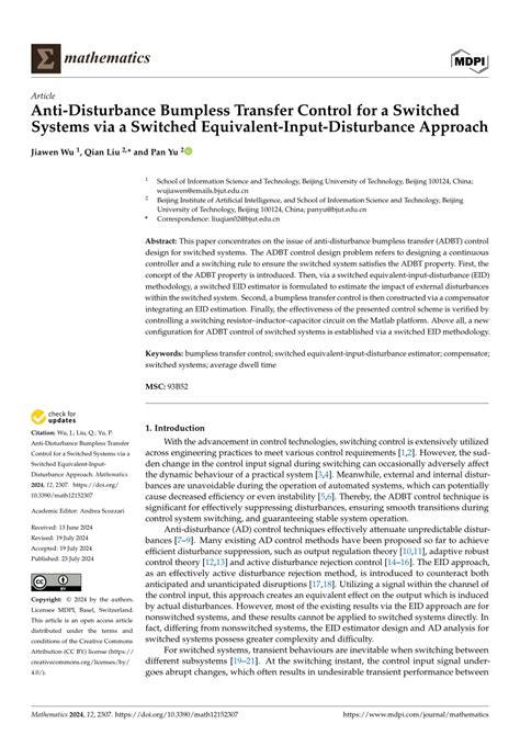 Pdf Anti Disturbance Bumpless Transfer Control For A Switched Systems Via A Switched