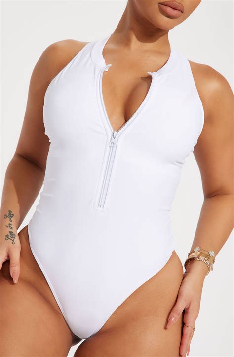 Evelyn Zip Up 1 Piece Swimsuit White Fashion Nova