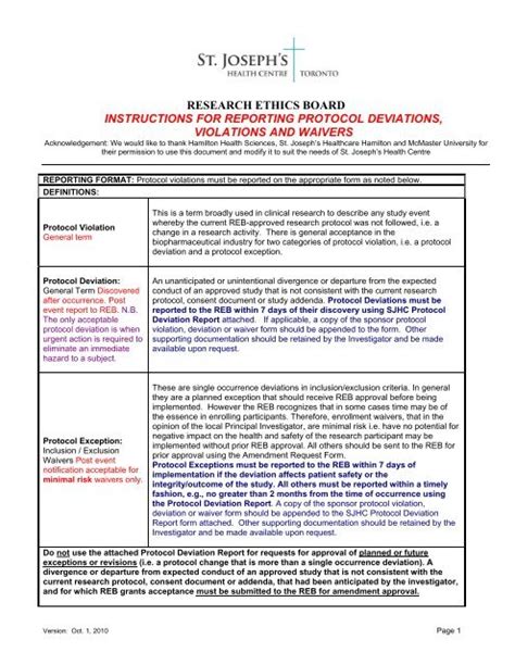 Instructions For Reporting Protocol Deviations Violations And Waivers