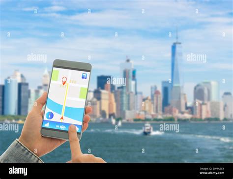 Using The Navigation System Or Gps Smartphone Mobile Phone To Navigate To Your Destination Stock