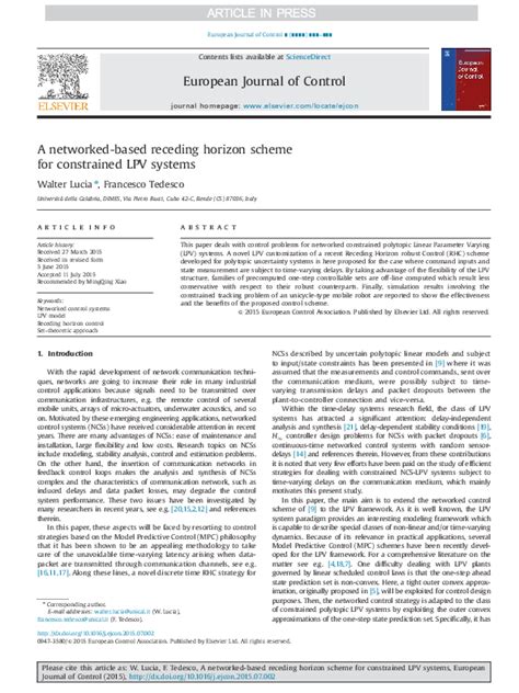 Pdf A Networked Based Receding Horizon Scheme For Constrained Lpv Systems