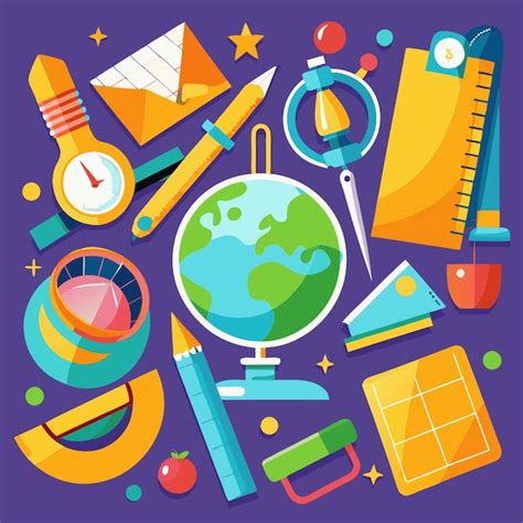 A Set Of Clipart Images Showing Various Classroom Items A Globe A