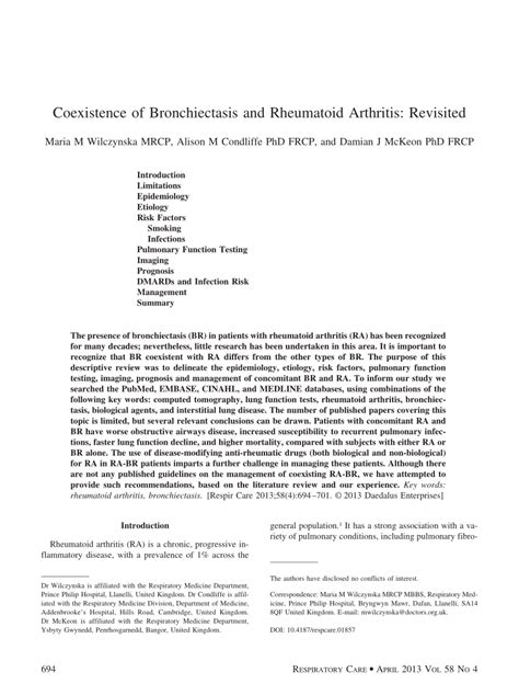 Pdf Coexistence Of Bronchiectasis And Rheumatoid Arthritis Revisited