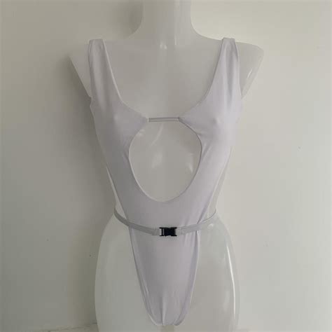 White High Leg One Piece Thong Swimsuit With A Belt Depop