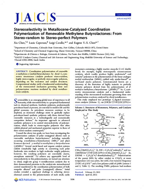 Pdf Stereoselectivity In Metallocene Catalyzed Coordination Polymerization Of Renewable