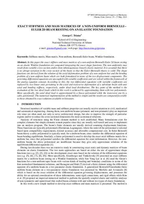 Pdf Exact Stiffness And Mass Matrices Of A Non Uniform Bernoulli Euler 2d Beam Resting On An