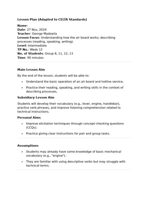 Lesson Plan Adapted To Celta Standards Pdf Vocabulary Reading