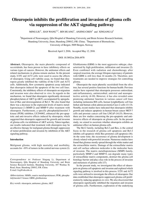 Pdf Oleuropein Inhibits The Proliferation And Invasion Of Glioma
