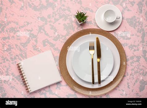 Simple Table Setting On Color Background Stock Photo Alamy