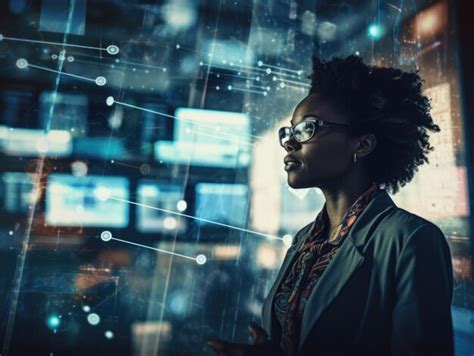 Business Woman Interacting With AI Computer In Front Of The Digital