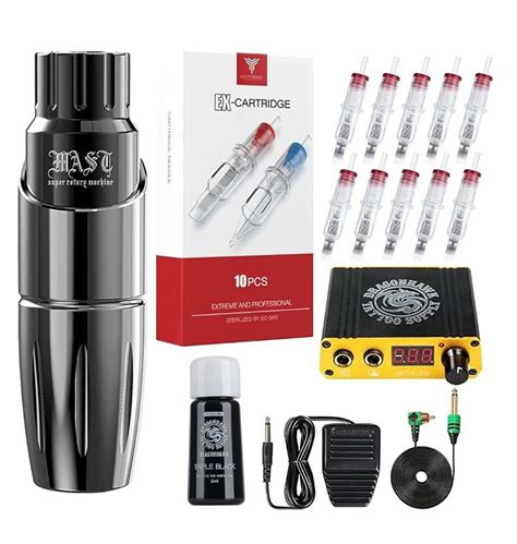 Dragonhawk 타투 펜 키트 로터리 마스트 투어 머신 카트리지 바늘 전원 공급 장치 풋 페달 완벽한 D 티몬