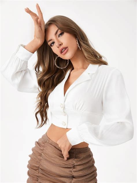 Lapel Neck Lantern Sleeve Crop Blouse Crop Blouse Fashion Outfits