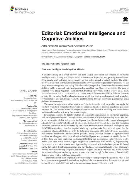 Pdf Editorial Emotional Intelligence And Cognitive Abilities