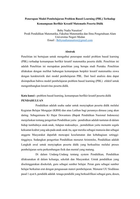 PDF Penerapan Model Pembelajaran Problem Based Learning PBL Terhadap