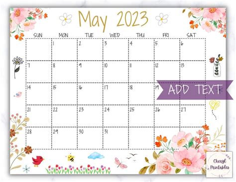EDITABLE May 2023 Calendar Printable Wall Calendar 2023 Etsy Fillable