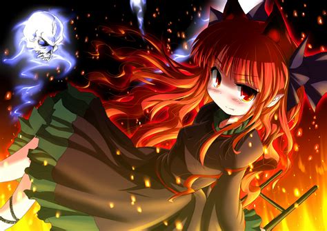 Animal Ears Catgirl Fang Fire Inyu Kaenbyou Rin Long Hair Pointed Ears