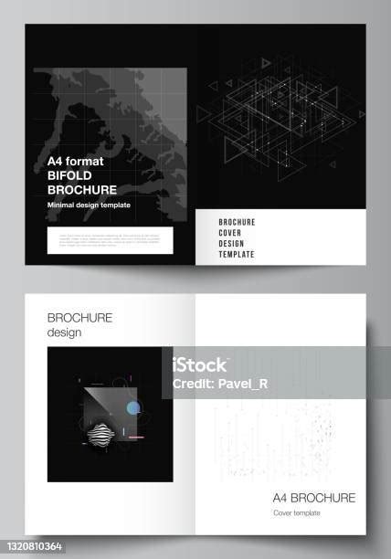 이중 브로셔 전단지 커버 디자인 책 디자인에 대한 두 개의 A4 커버 모형 템플릿의 벡터 레이아웃 추상 기술 블랙 컬러 과학