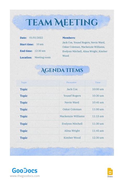 Free Watercolor Team Meeting Agenda Template