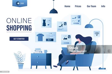 온라인 쇼핑 방문 페이지 템플릿 백인 여성은 집에 앉아서 온라인 구매를합니다 다양한 상품이있는 웹 페이지 소파에 대한 스톡 벡터 아트 및 기타 이미지 Istock