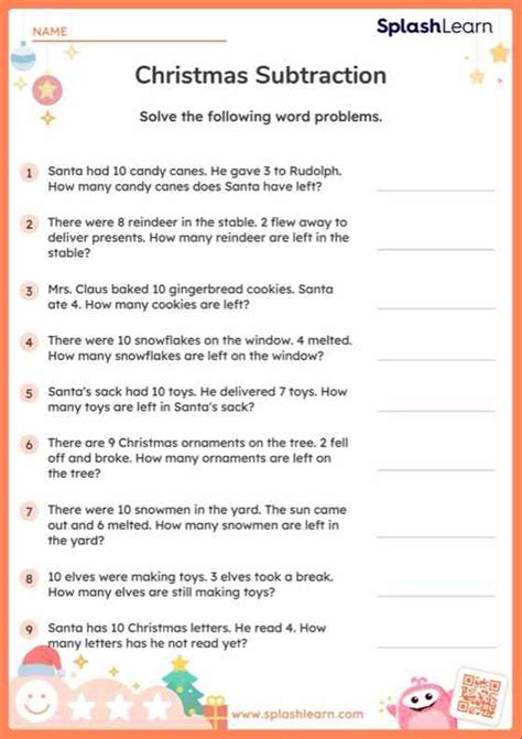 Subtract Within 10 Christmas Word Problems — Printable Math Worksheet