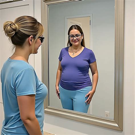 Woman In Blue And Purple Dress With A Big Round Bloated Gassy Fat Belly