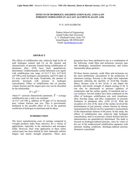 Pdf Effects Of Hydrogen Solidification Rate And Ca On Porosity