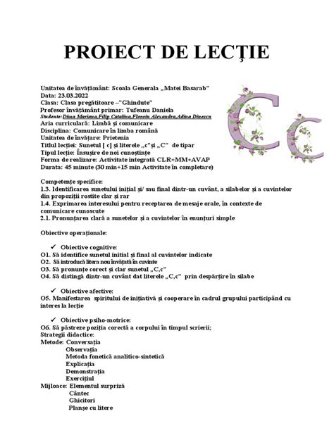 Proiect Didactic Litera C Clasa Pregatitoare Pdf