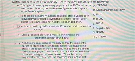 solved match each item in the list of memory uses to the