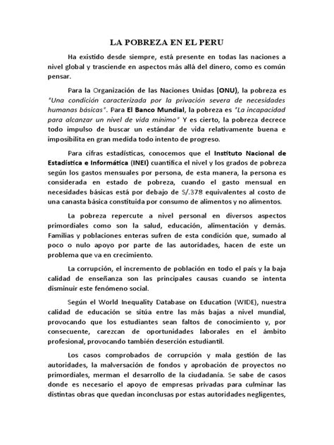 La Pobreza En El Peru Pdf Pobreza Pobreza E Indigencia